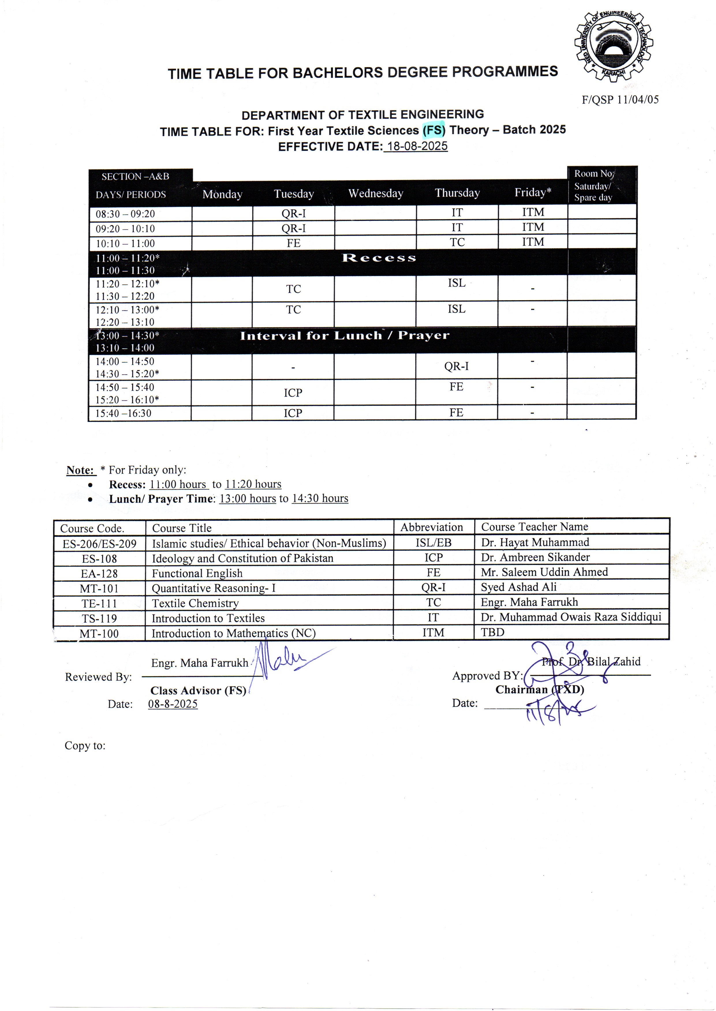 Timetables | Department Of Textile Engineering